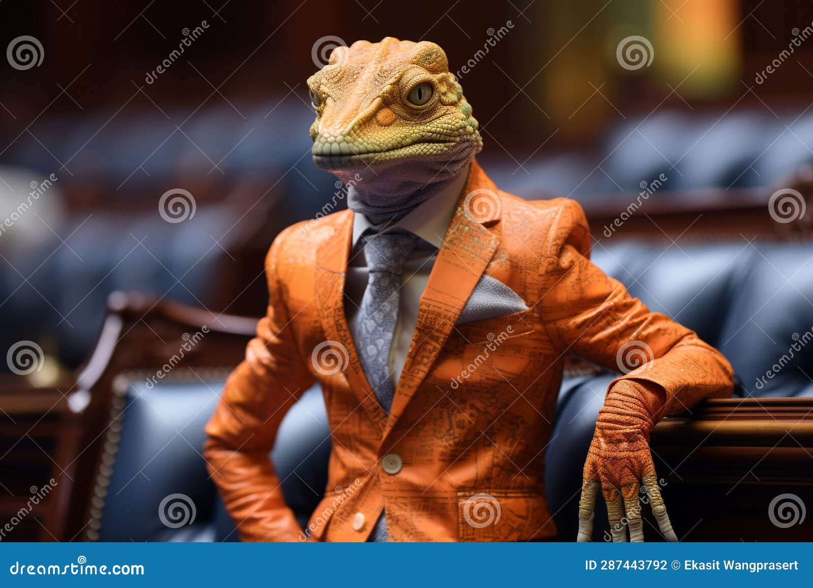Lizard Anthropomorphic in Orange Colour Suit in Parliament . Generative ...