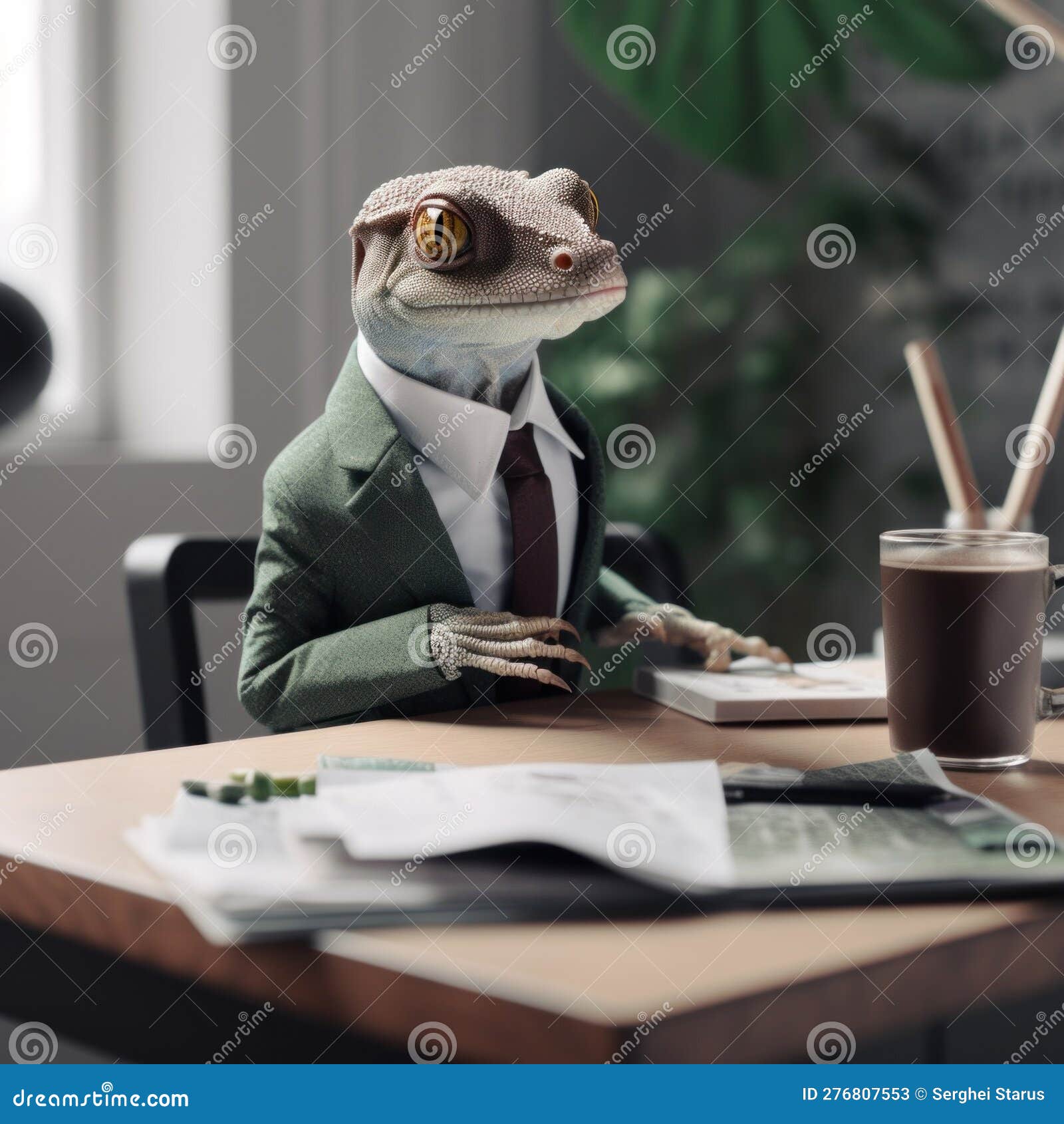A Lizard Dressed in a Suit Sitting at a Desk. AI Generative Image ...