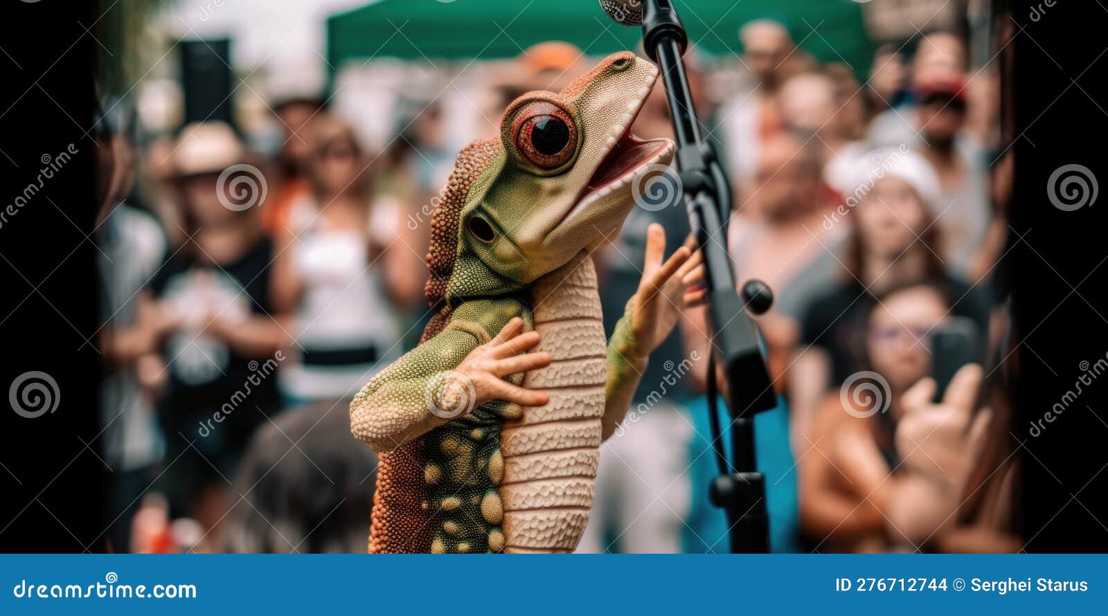 A Lizard that is Holding a Microphone in Front of a Crowd. AI ...