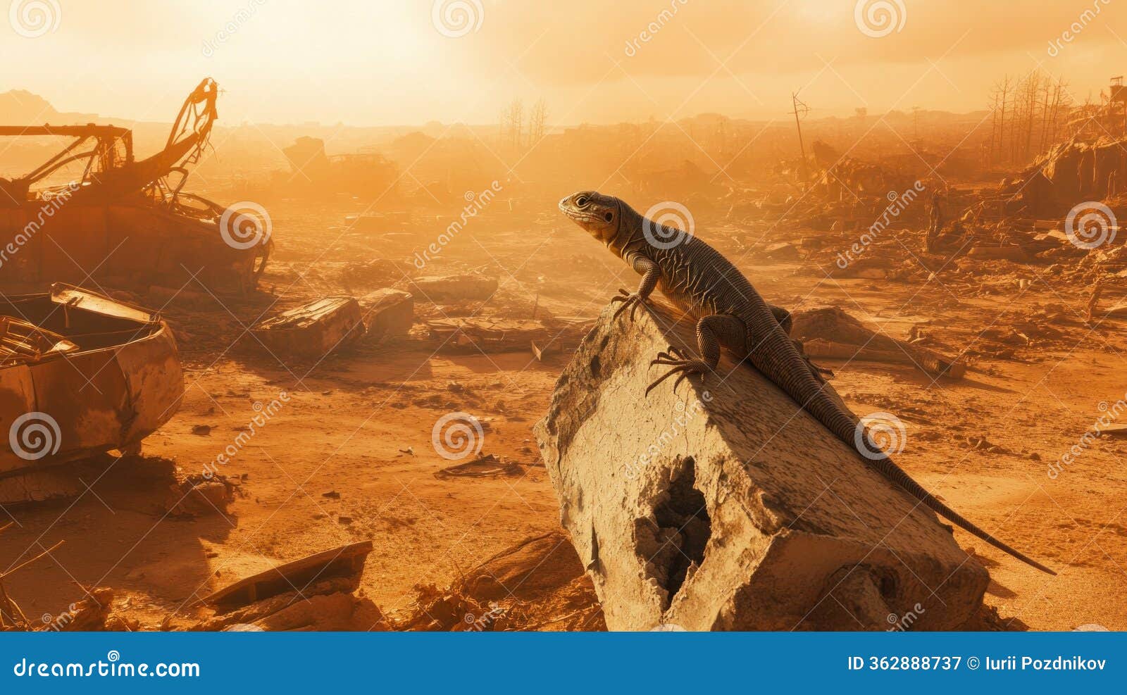 Lizard Observing Post Apocalyptic Landscape at Sunset Stock Image ...