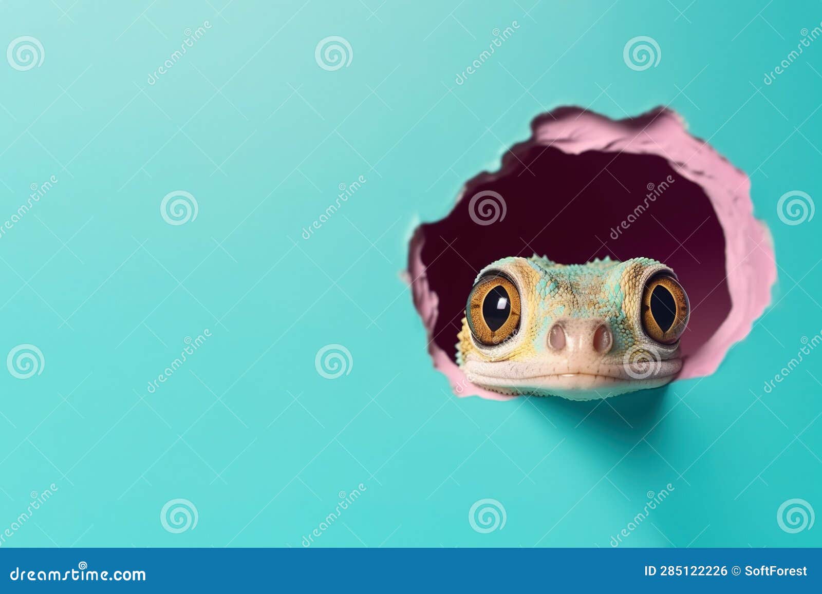 Lizard Peeks in Surprise through a Hole in the Paper on a Pastel Blue ...