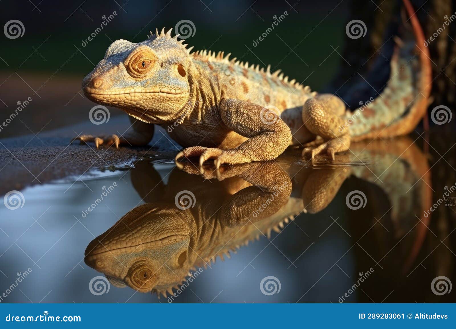 Lizard Shedding Skin Near a Water Source with Reflection Stock Image ...