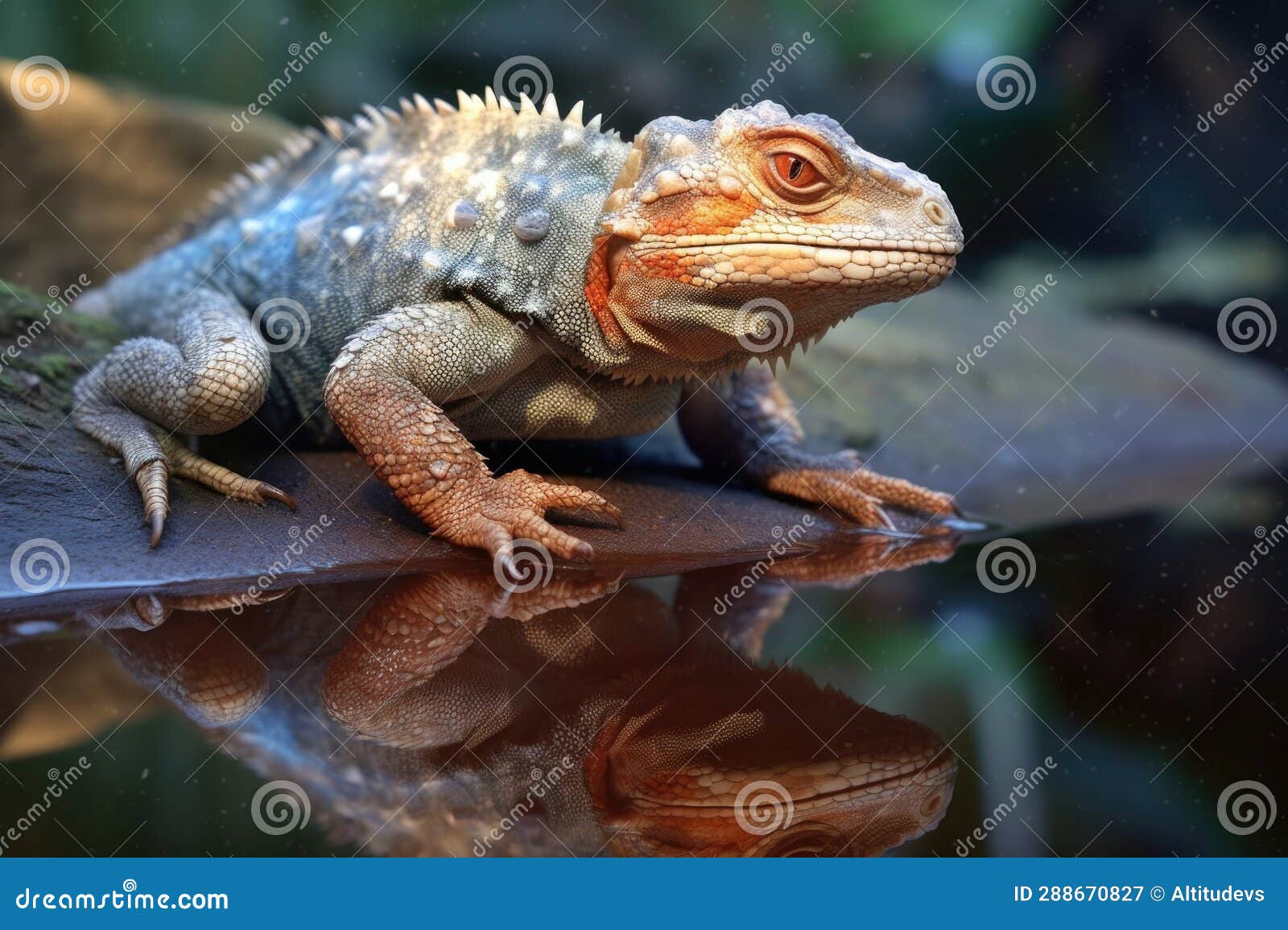 Lizard Shedding Skin Near a Water Source, Reflection Visible Stock ...