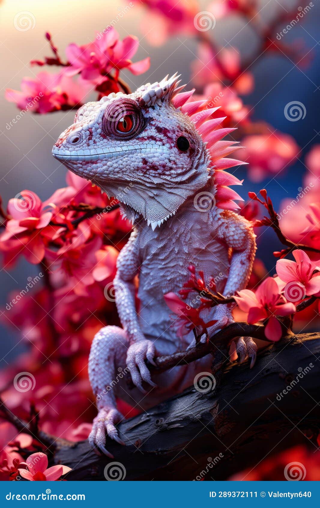 Lizard Sitting on Branch with Pink Flowers in the Background ...