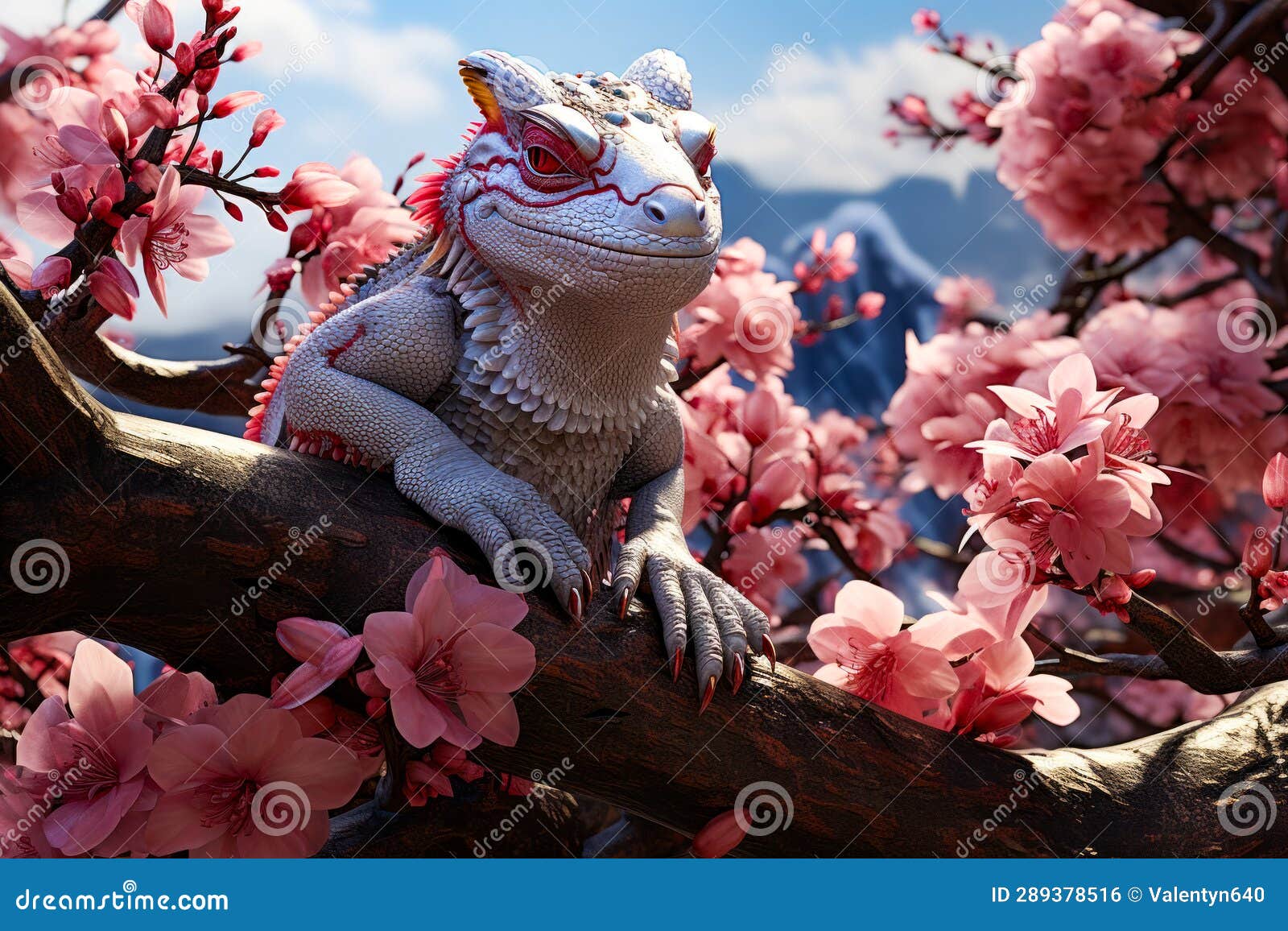 Lizard Sitting on Branch with Pink Flowers in the Background ...