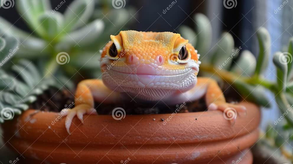 A Lizard is Sitting in a Pot with Some Plants, AI Stock Illustration ...