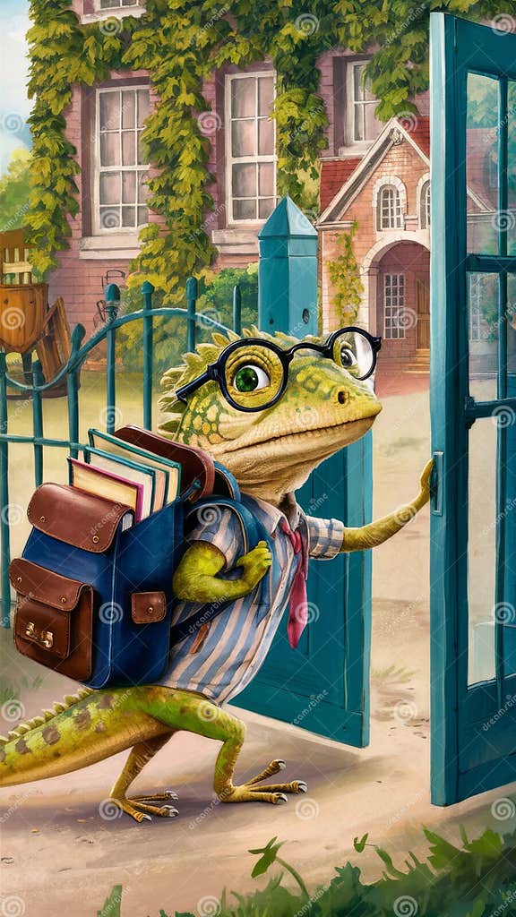 Lizard Student Entering School Grounds with Backpack and Glasses for ...