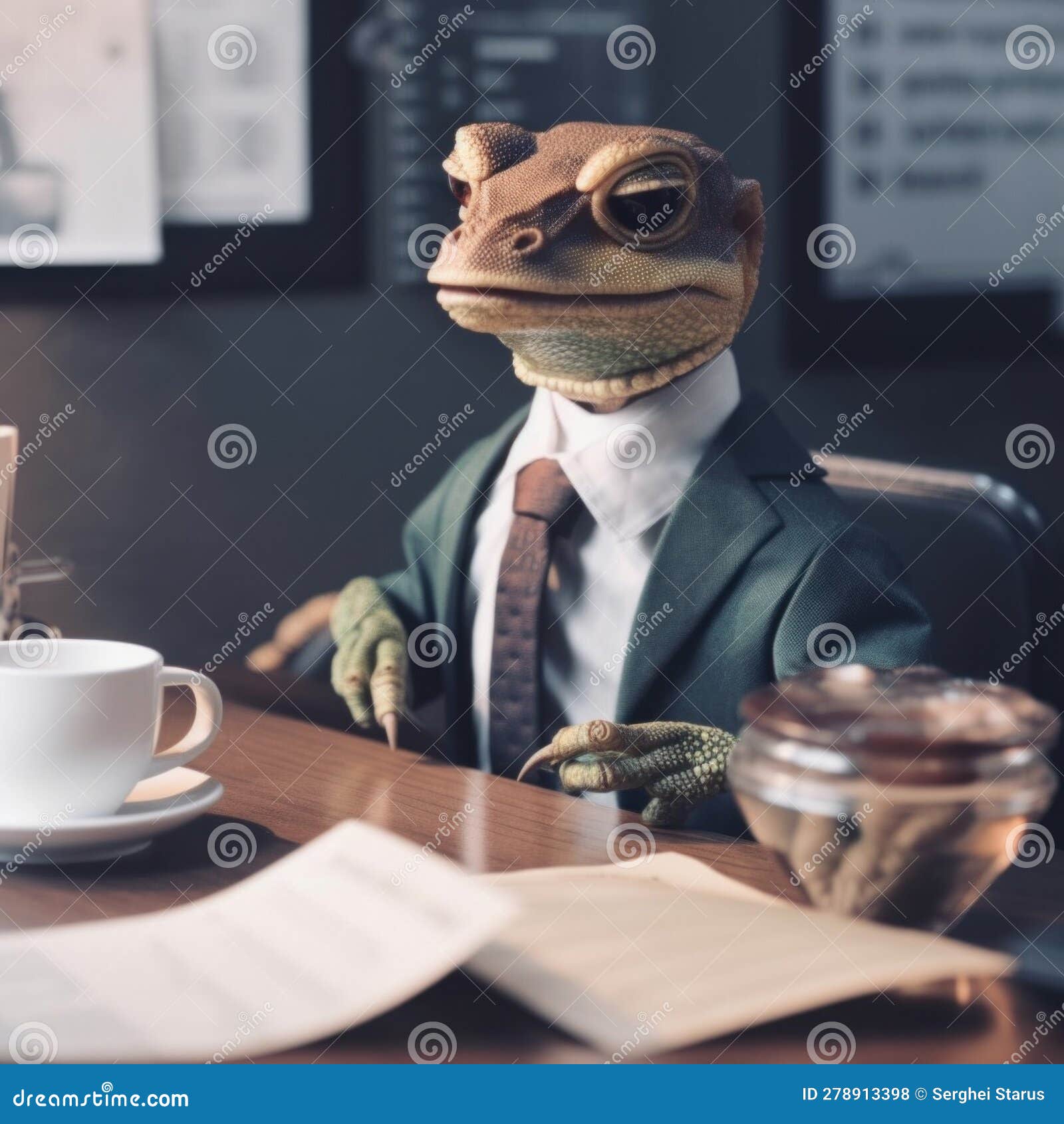 A Lizard in a Suit Sitting at a Table with a Cup of Coffee. Generative ...