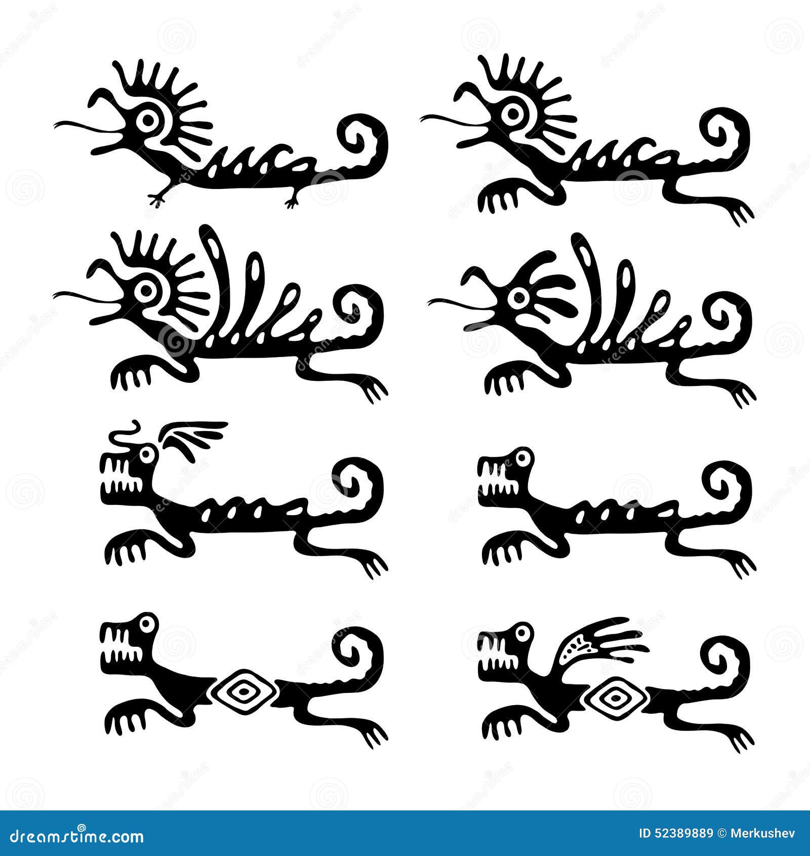 Lizards or Dragons in Native Style, Set of Vector Stock Vector ...