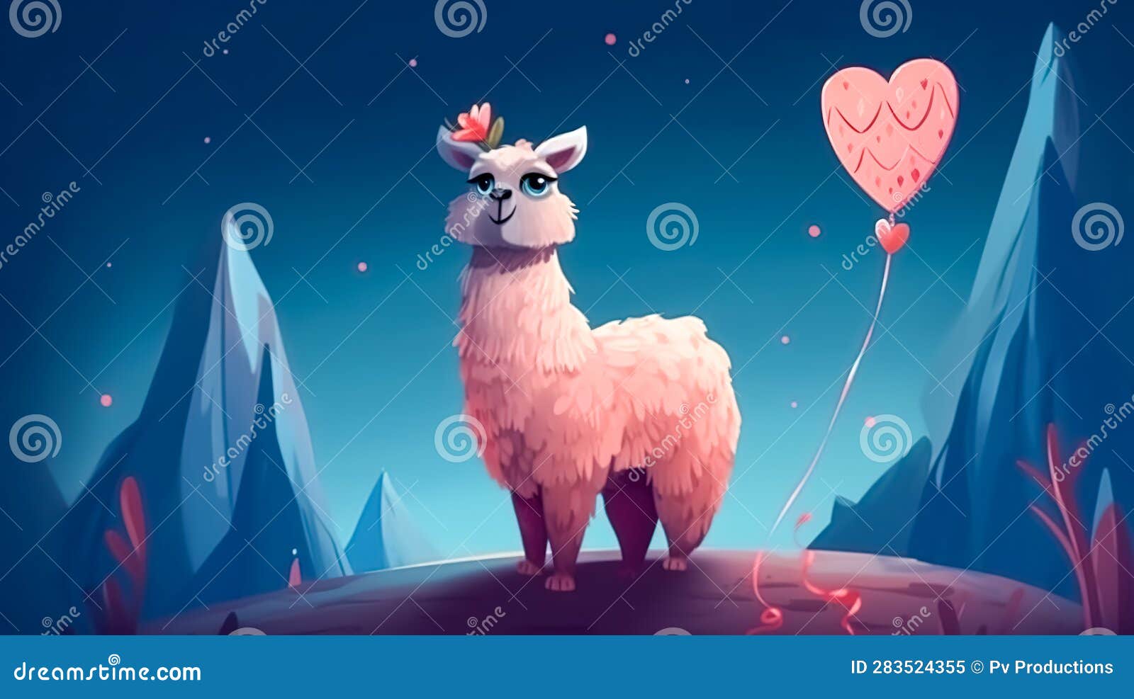 Llama with a Heart-shaped Balloon, Generative AI. Stock Illustration ...