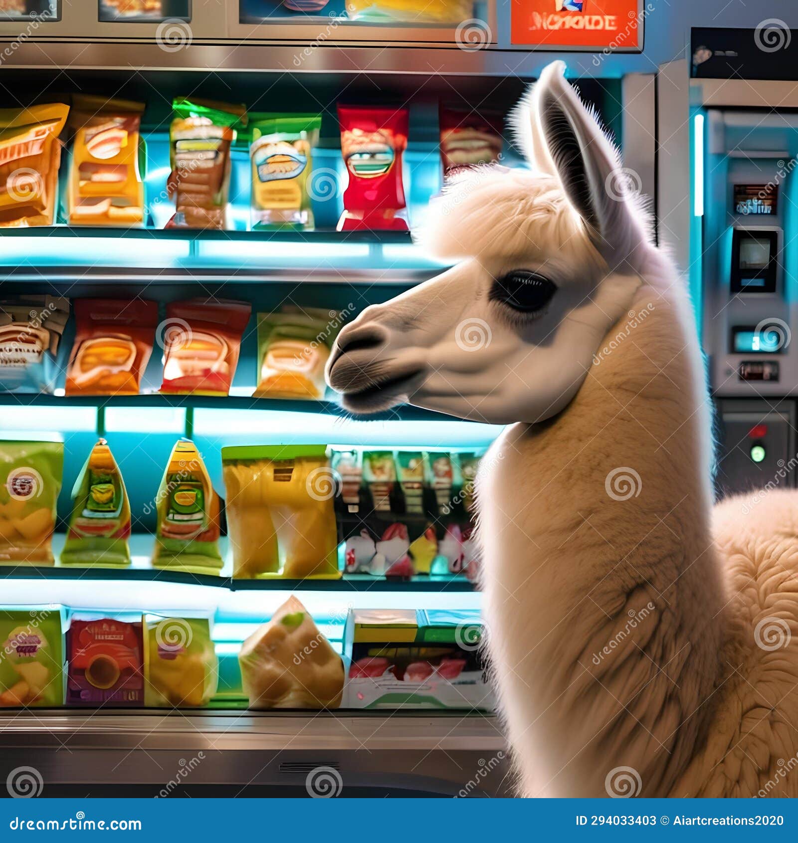 A Llama Operating a Vending Machine Filled with Snacks, Selecting Its ...