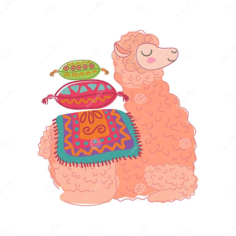 Llama Sitting with Stack of Pillows on Back Decorated with Traditional ...