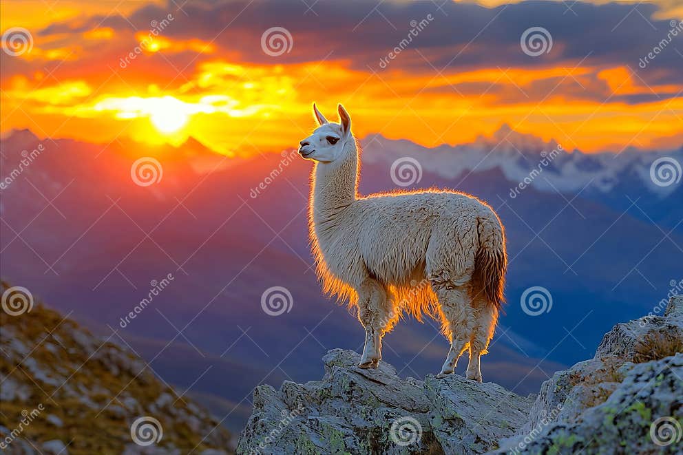 A Llama Standing on Top of a Mountain at Sunset Stock Image - Image of ...