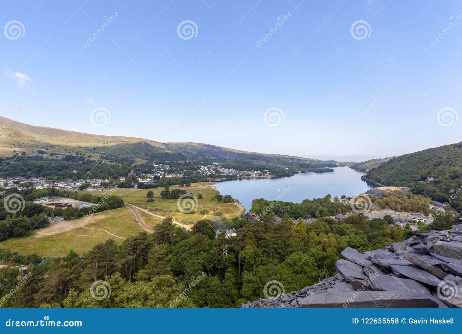 Llanberis and Llyn Padarn View Stock Photo - Image of park, buildings ...
