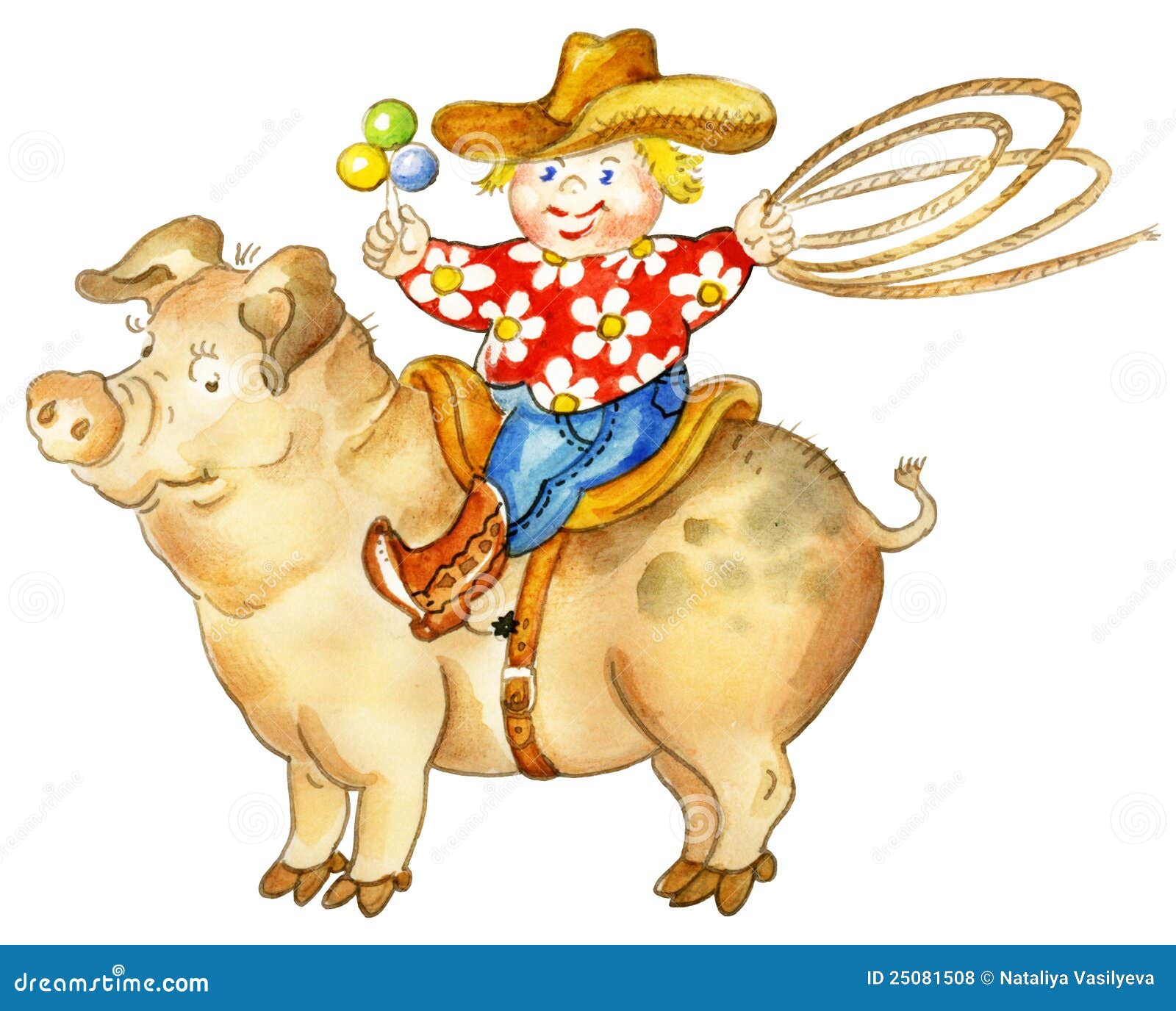 Llittle cowboy riding pig stock illustration. Illustration of cowboy ...