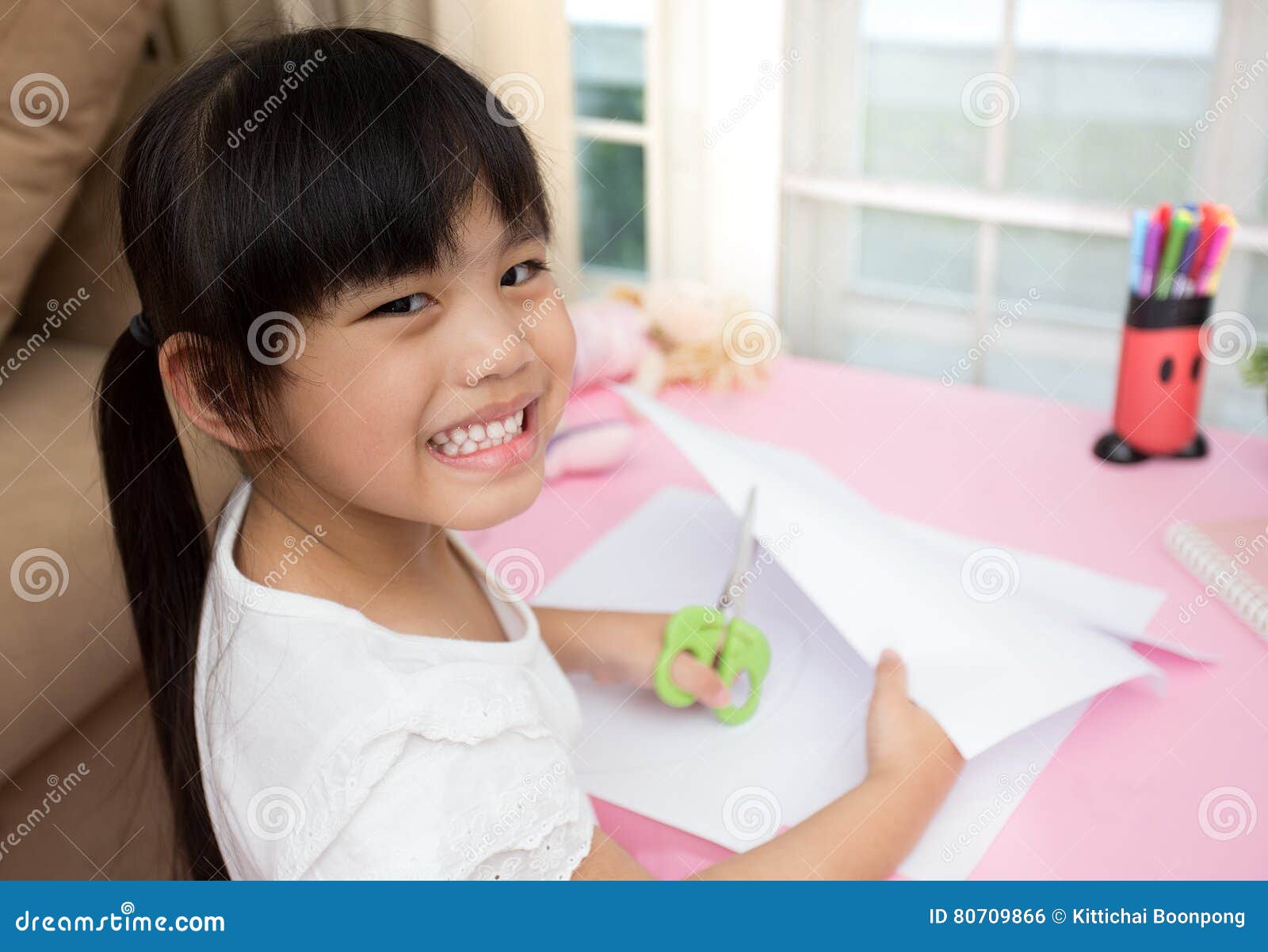 Llittle Girl Feeling Happy Doing Cutting Paper Stock Photo - Image of ...
