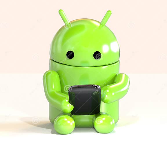 Google Android OS Mascot Robot Using Smartphone Isolated on White ...