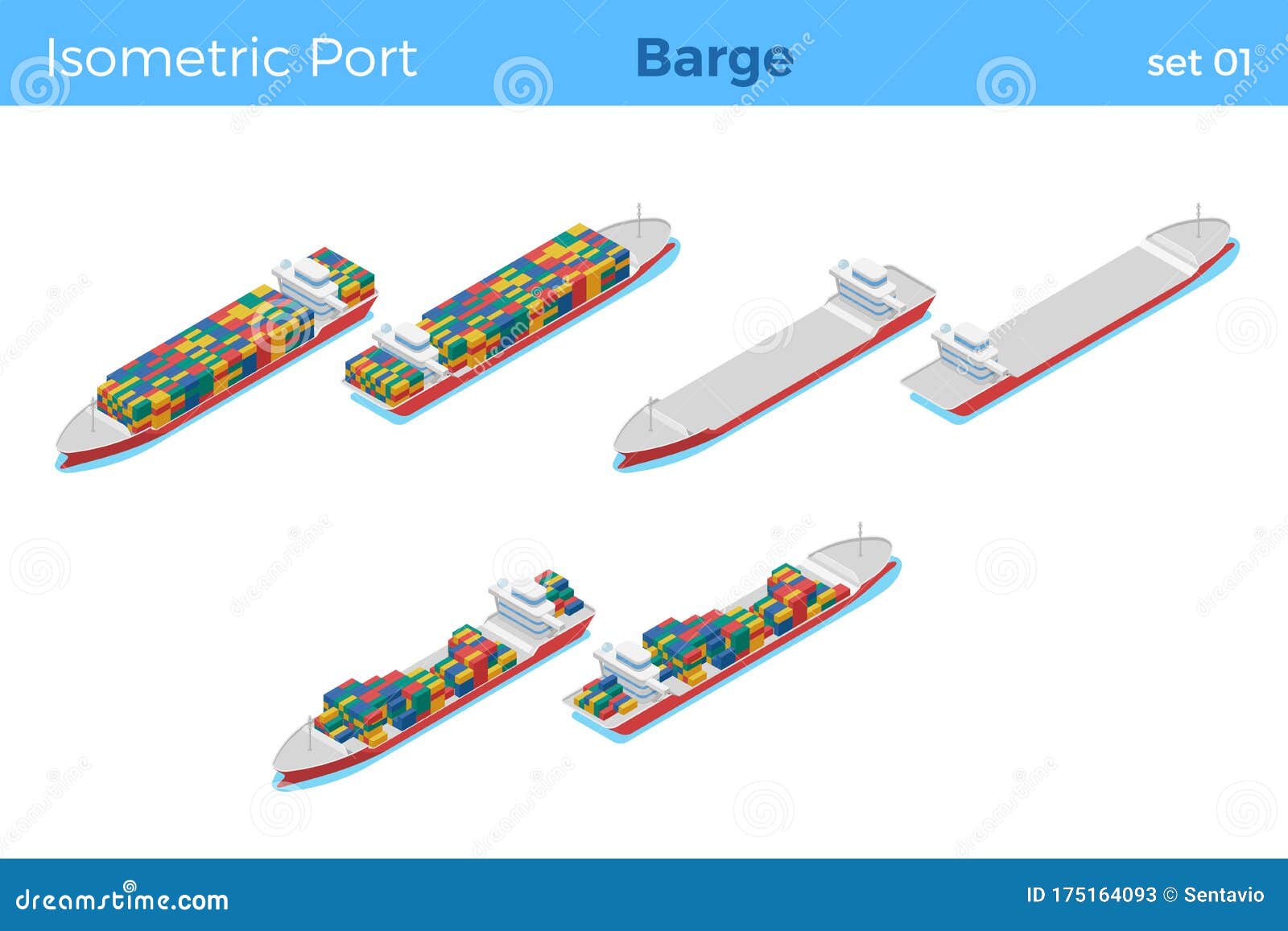 Loaded Barge with Containers and Empty Isometric Vector Illustration ...