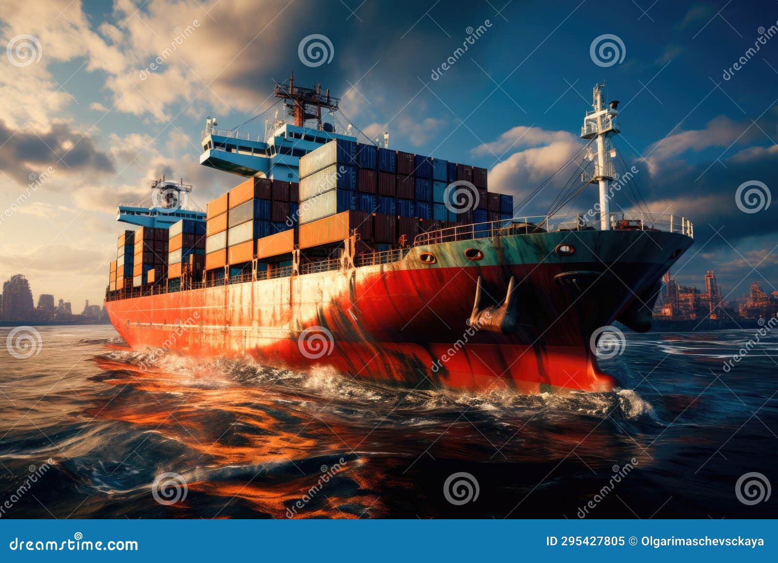 Loaded Cargo Ship Sailing Out of Port Stock Illustration - Illustration ...