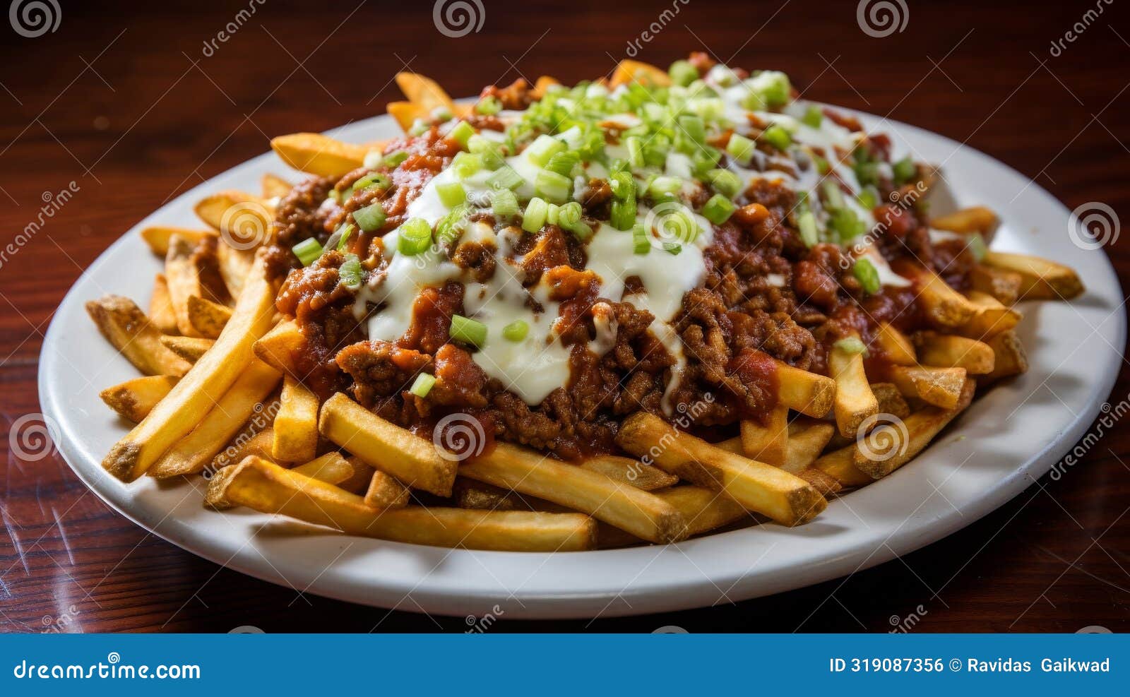 Loaded Chili Cheese Fries With Fresh Green Onions In Restaurant Setting ...