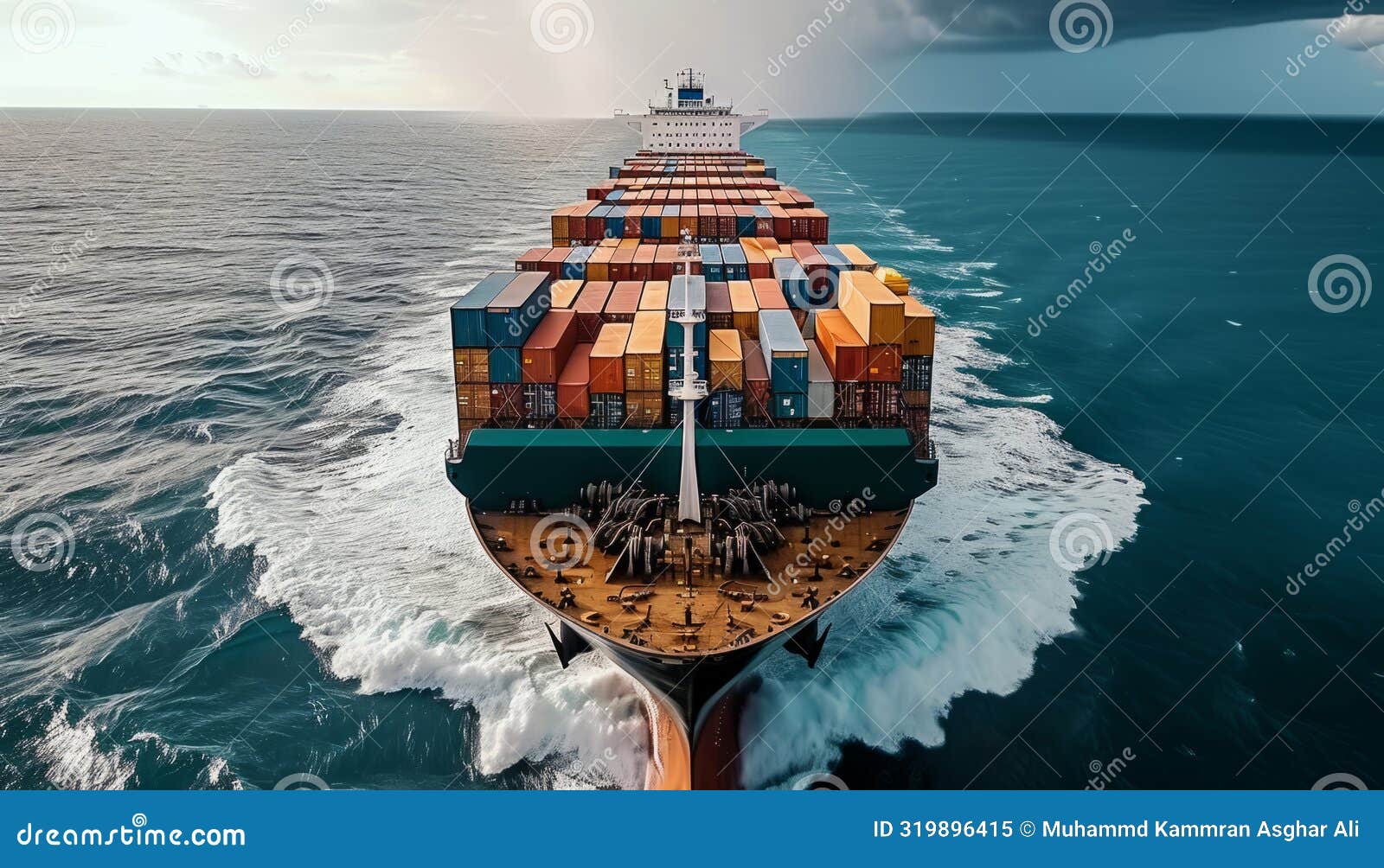 A Loaded Container Cargo Ship is Seen Ahead Above the Ocean ...