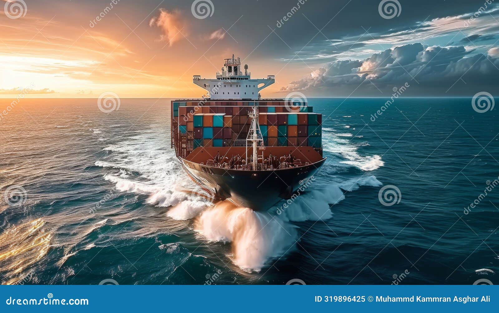 A Loaded Container Cargo Ship is Seen Ahead Above the Ocean ...
