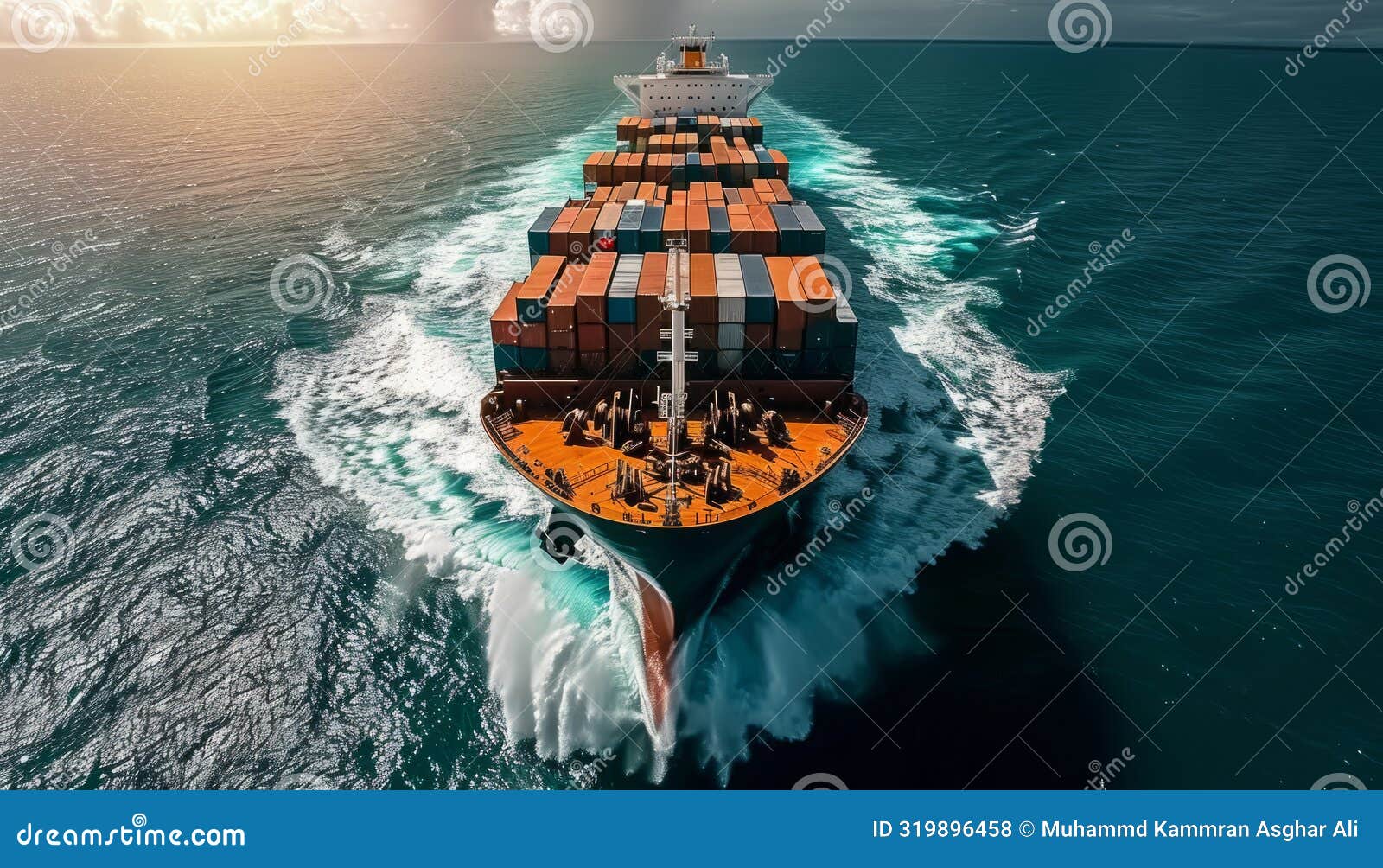 A Loaded Container Cargo Ship is Seen Ahead Above the Ocean ...