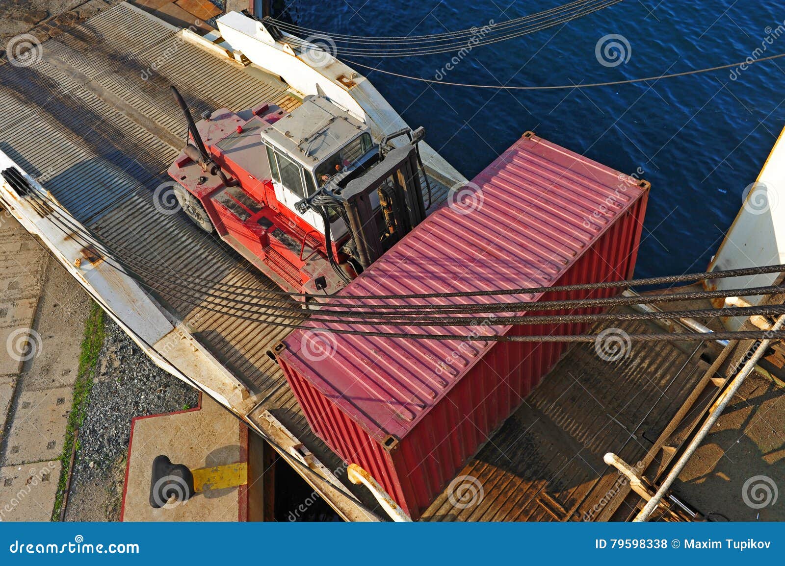 Loader with Container at the Oceanic Ferry Ship Stock Photo - Image of ...