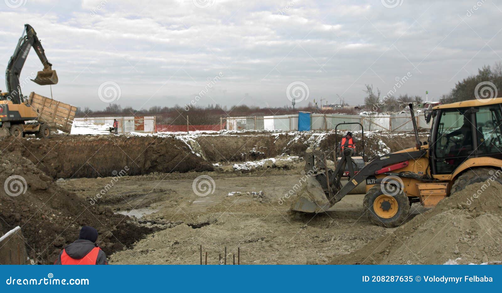 Loader Excavator, Bulldozer and Roller Work on Construction Site ...