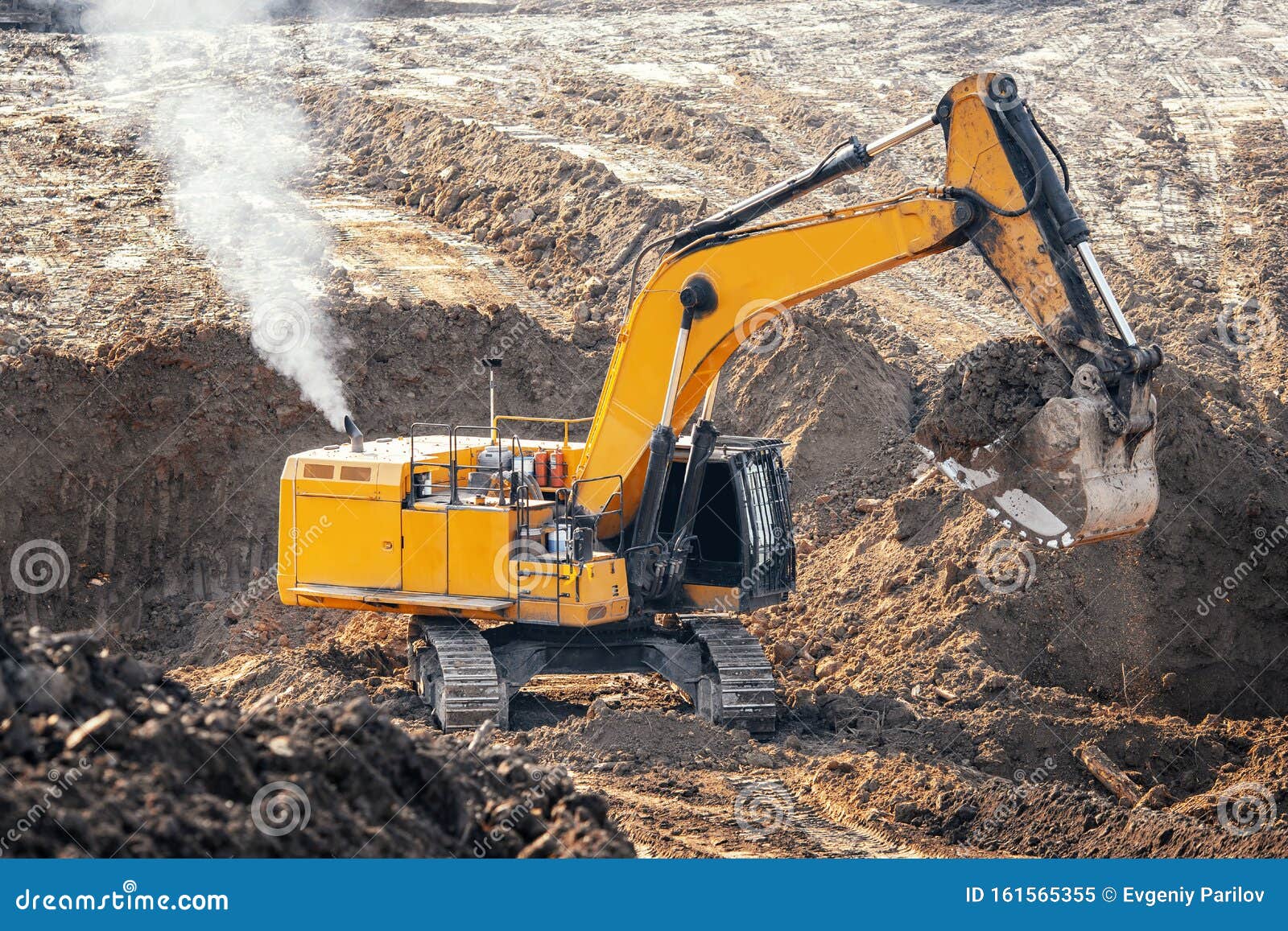 Loader Excavator during Earthmoving Works Removes Overburden of Soil ...