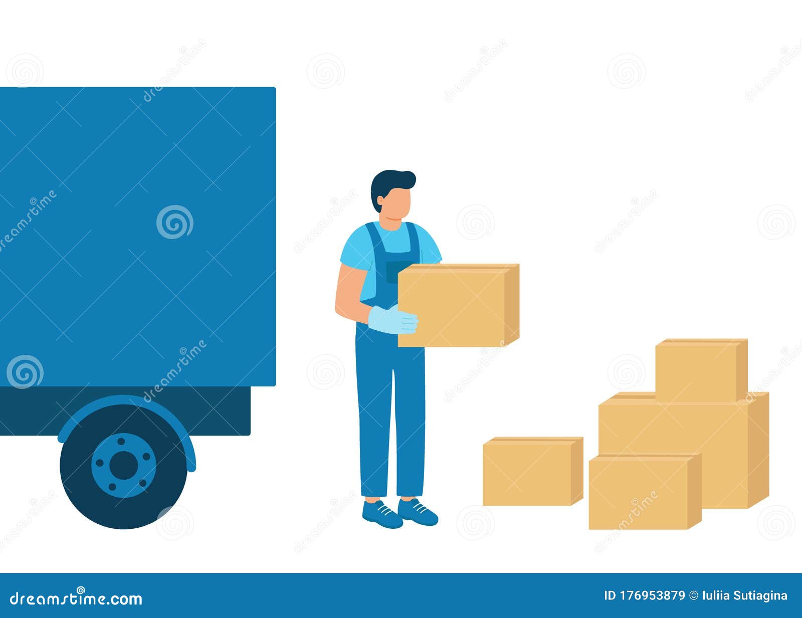 Loader Man Carries Boxes of Goods, Unloading or Loading Truck. Work in ...