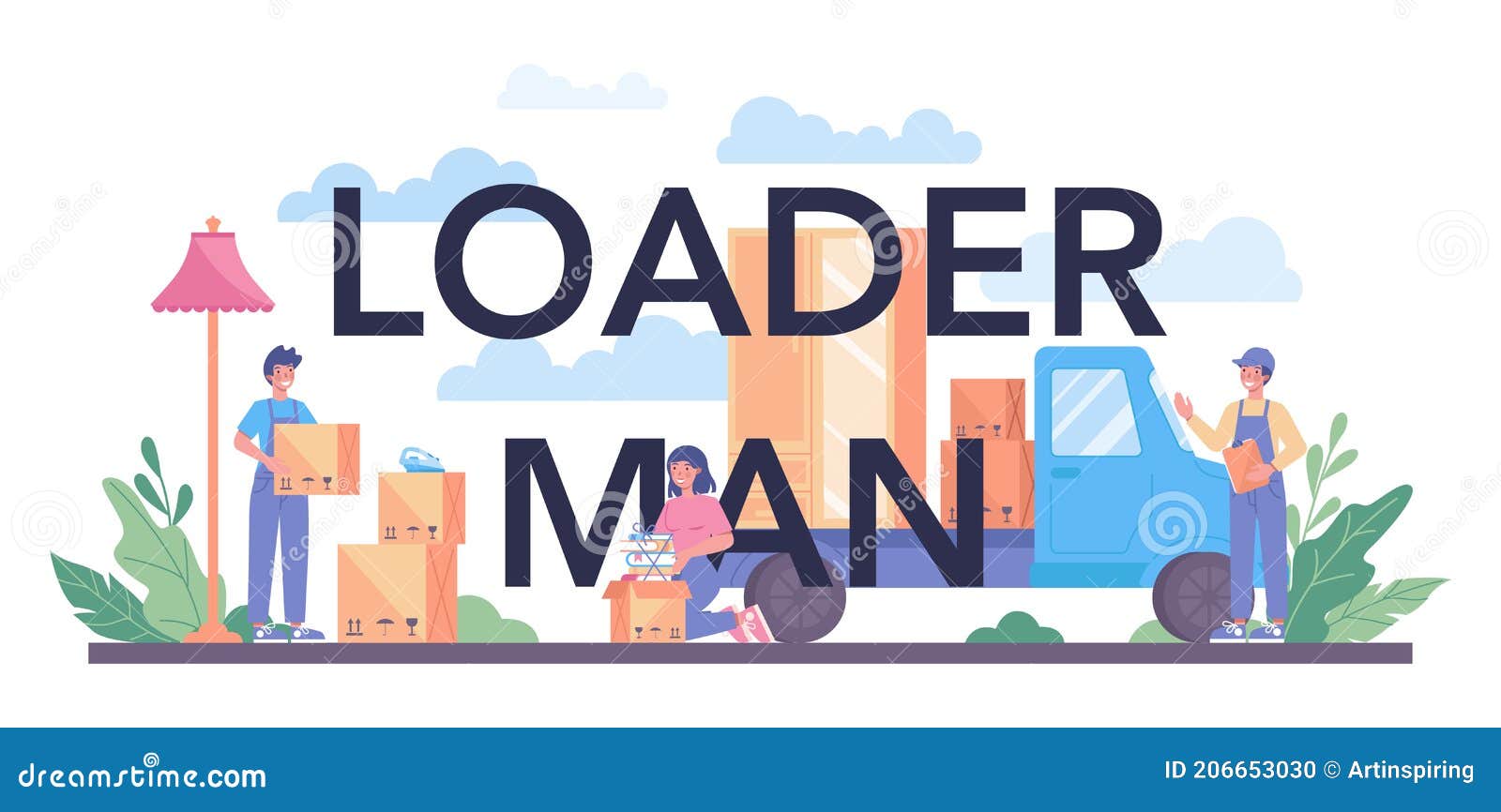 Loader Man Typographic Header. Worker in Uniform Carrying Boxes Set ...