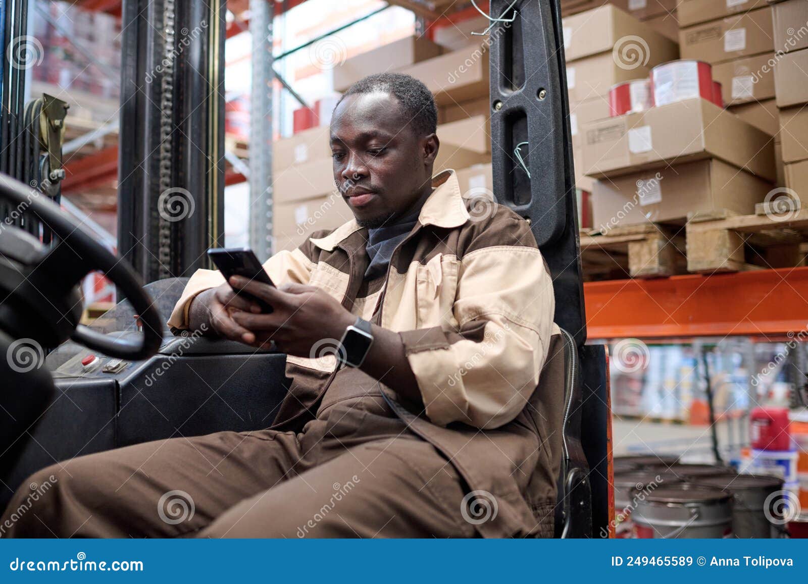 Loader Man Using Mobile Phone at Work Stock Image - Image of play ...