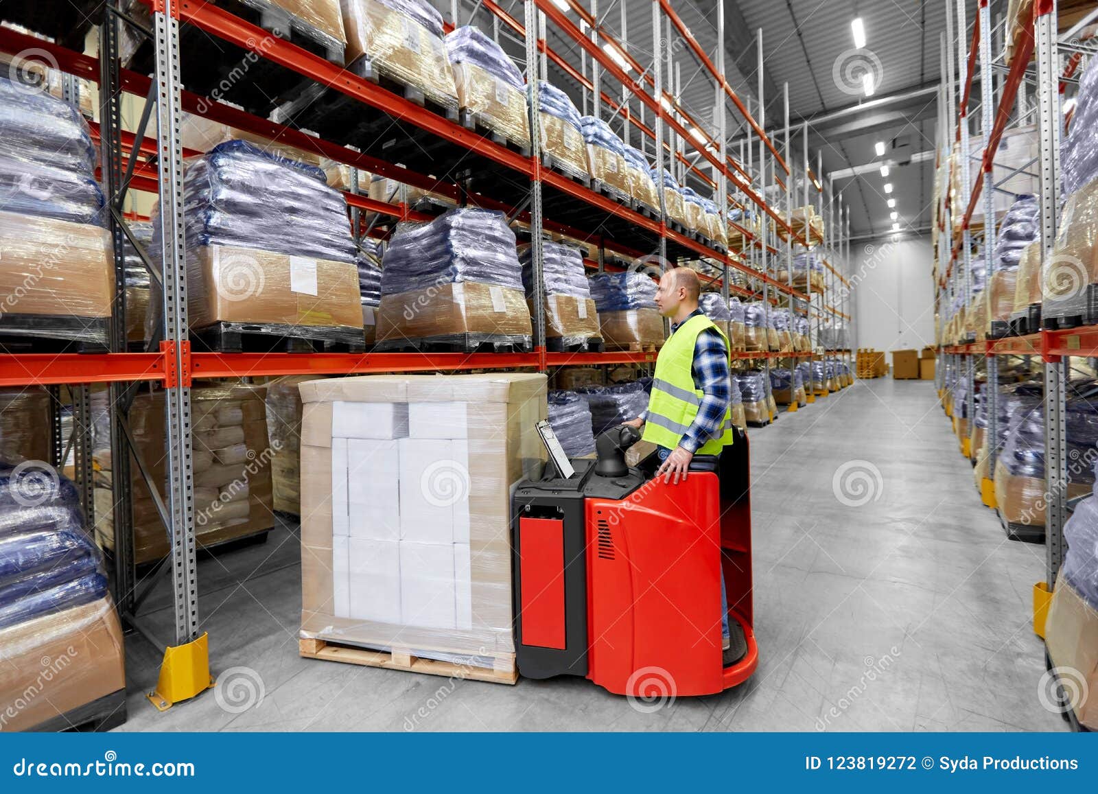 Loader Operating Forklift at Warehouse Stock Photo - Image of ...
