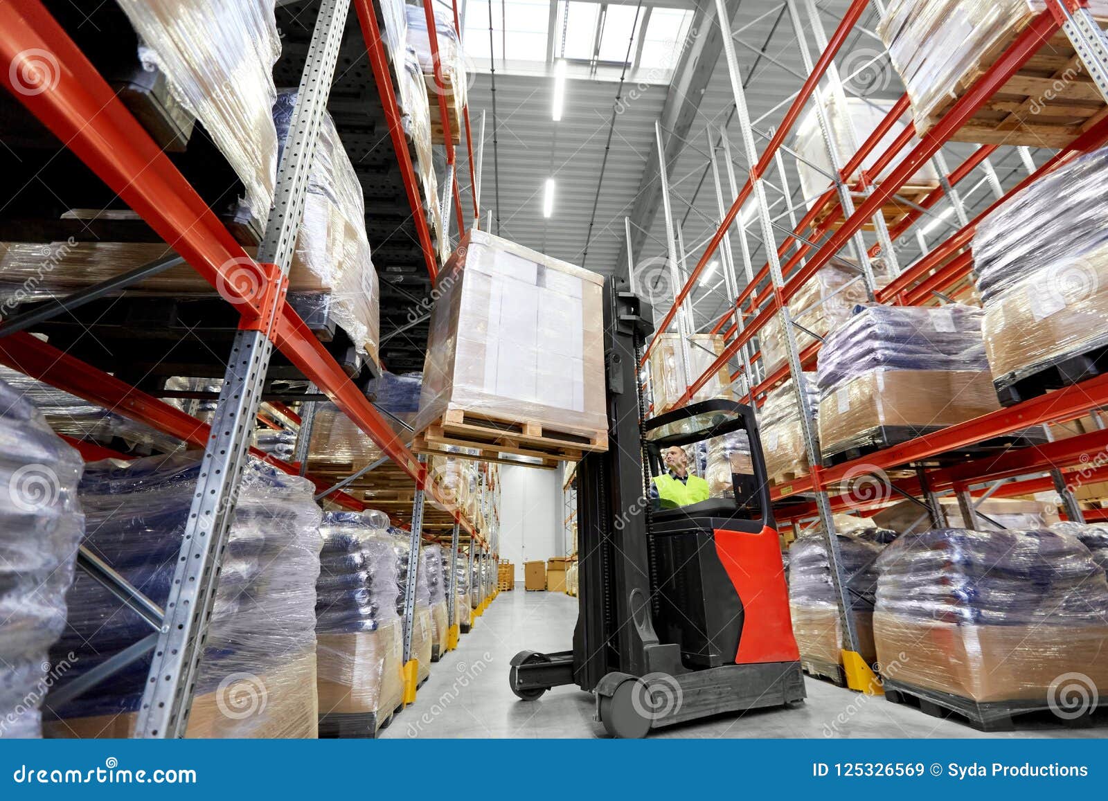 Loader Operating Forklift at Warehouse Stock Image - Image of depot ...