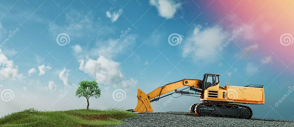 A Loader is Trying To Cut Down a Tree for Construction Stock ...