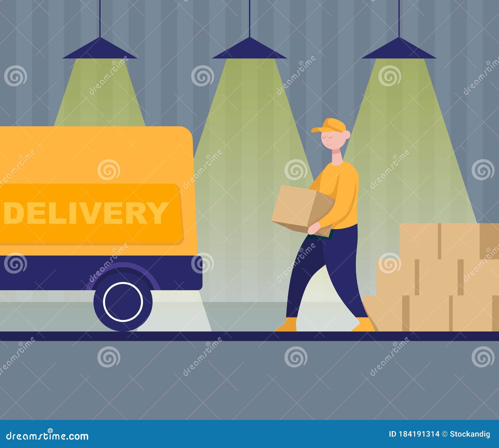 Loader in a Warehouse is Loading a Van. Flat Vector Color Cartoon Stock ...