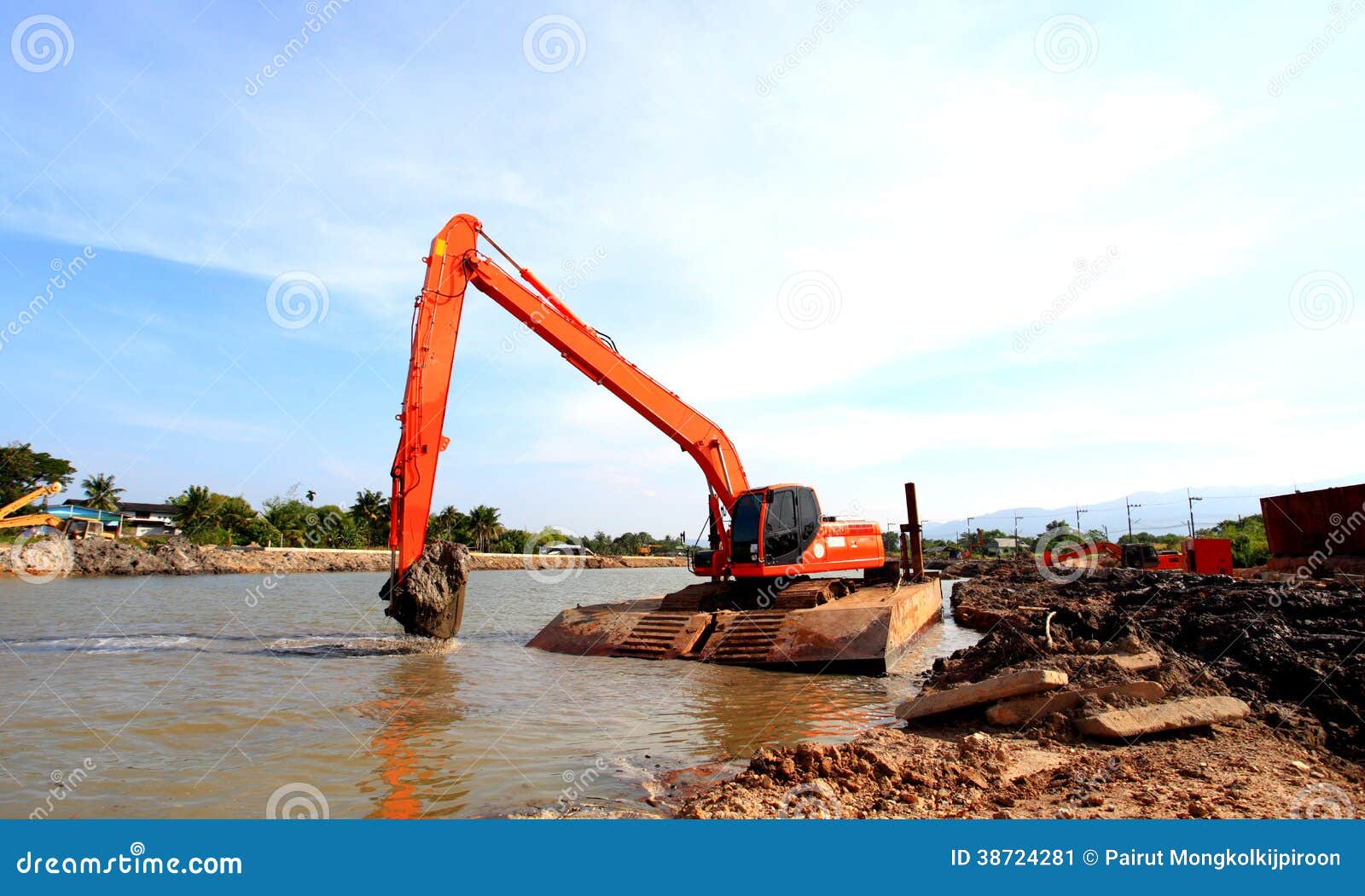 Loaders Working in the Middle of the River. Stock Image - Image of dirt ...