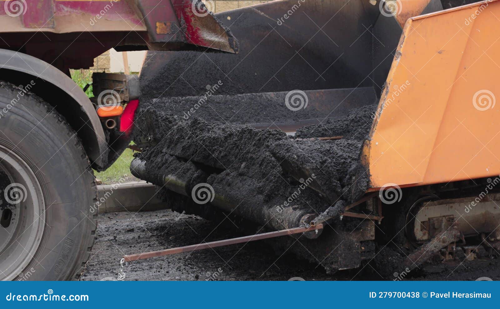Loading Asphalt into the Paving Machine Road Construction. Slow Motion ...