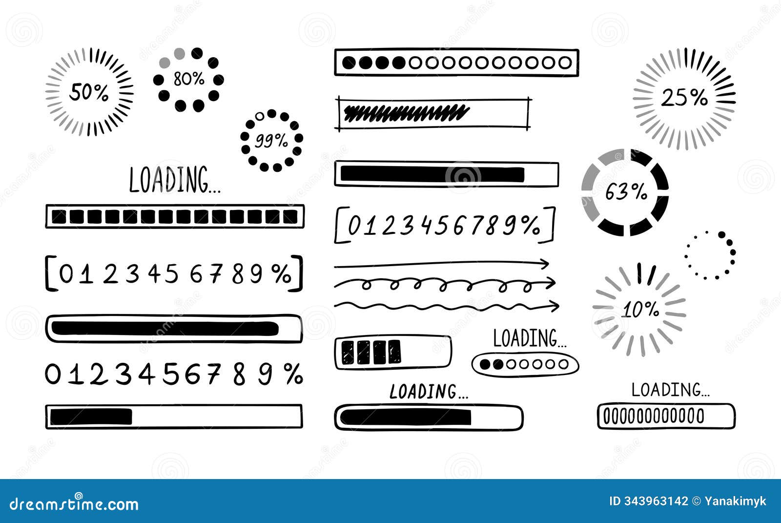Loading Bar Doodle Set. Hand Drawn Element Line Loading Sketch Style ...