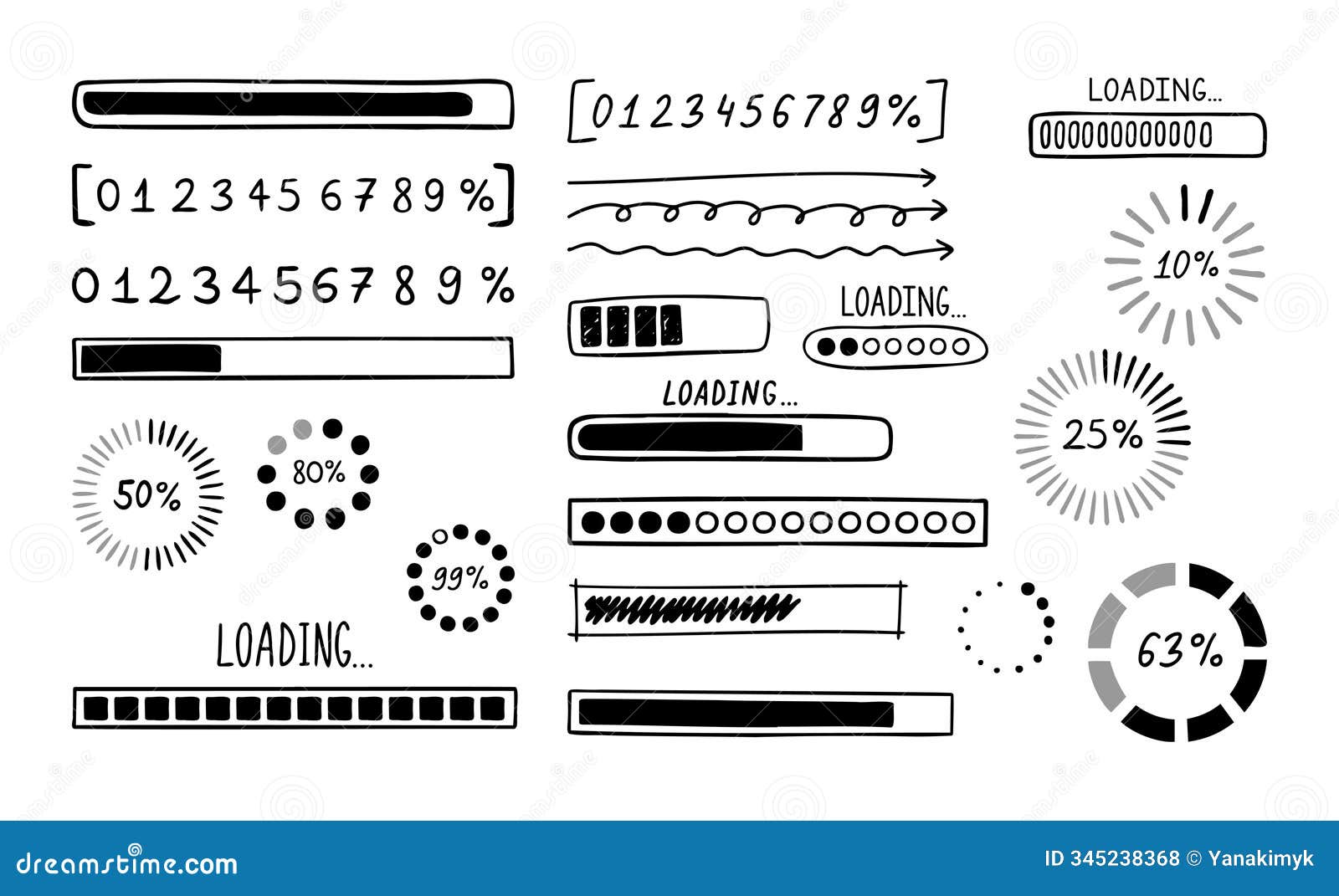 Loading Bar Doodle Set. Hand Drawn Element Line Loading Sketch Style ...