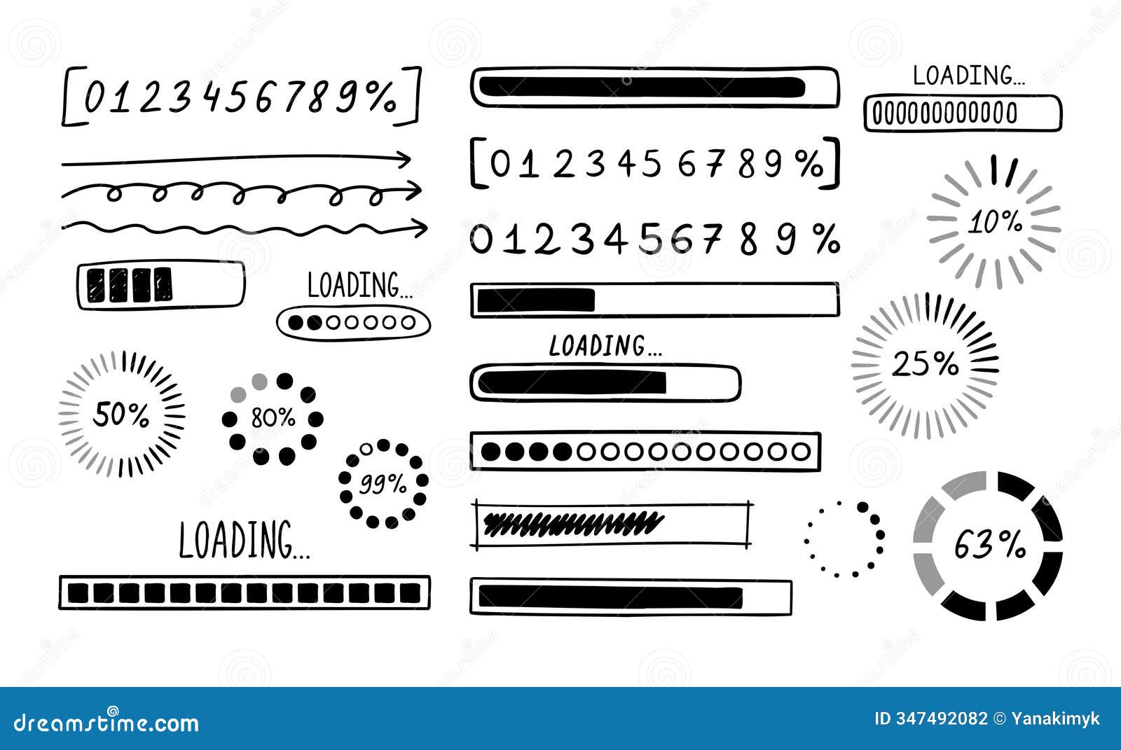Loading Bar Doodle Set. Hand Drawn Element Line Loading Sketch Style ...