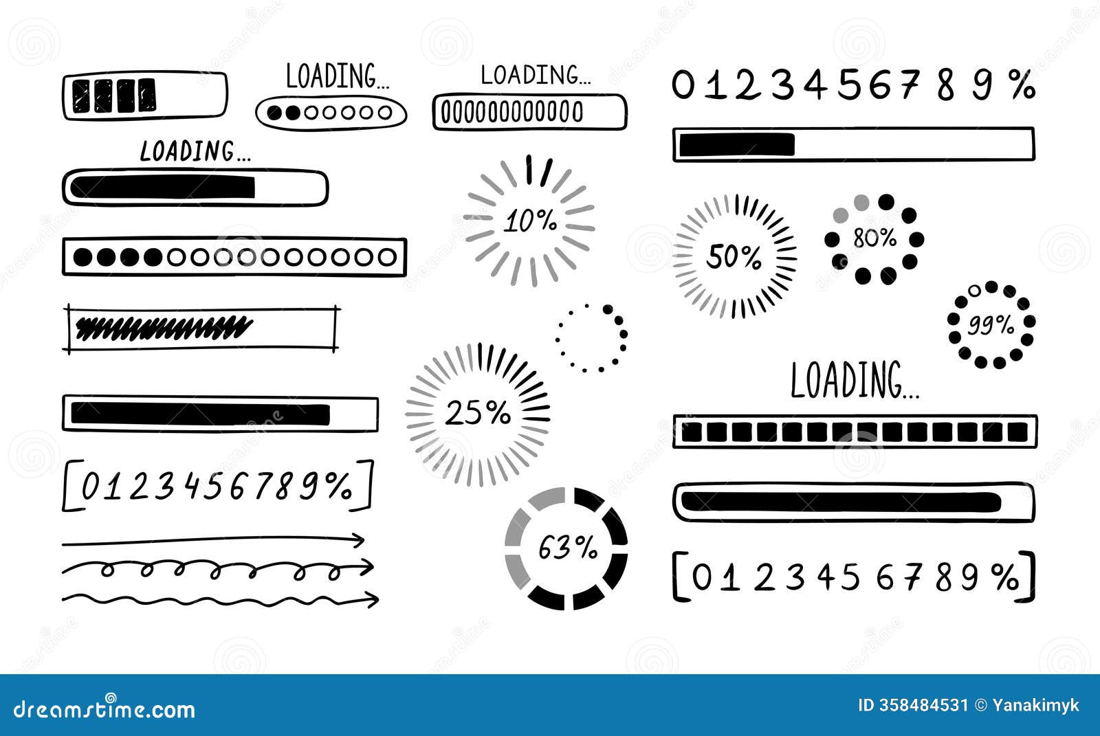 Loading Bar Doodle Set. Hand Drawn Element Line Loading Sketch Style ...