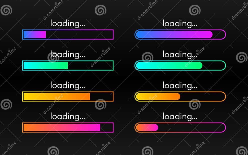 Loading Bar Set on Dark Backdrop. Progress Visualization. Color ...