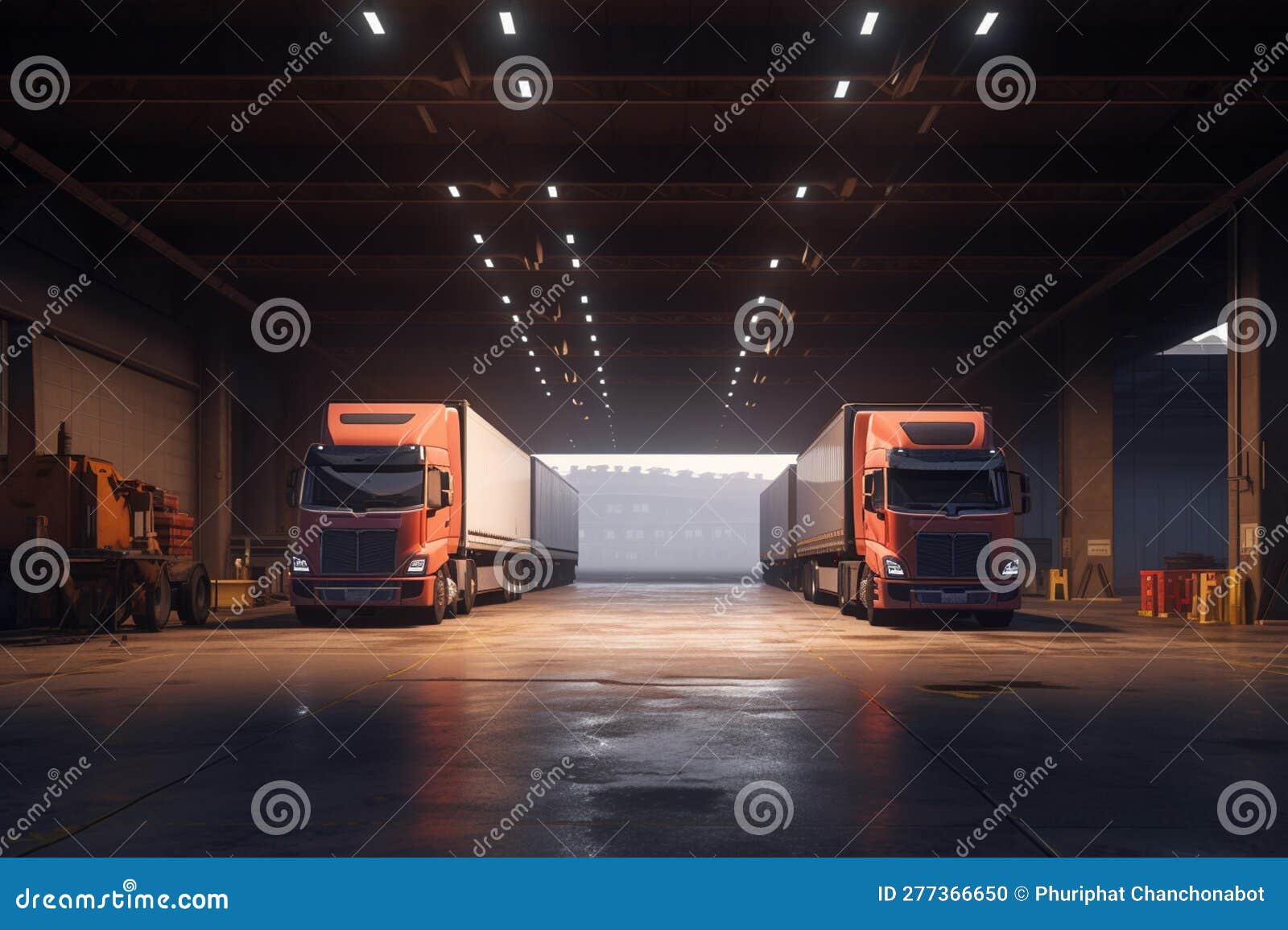 Loading Bay with Two Trucks Parked Outside in the Style of Modern with ...
