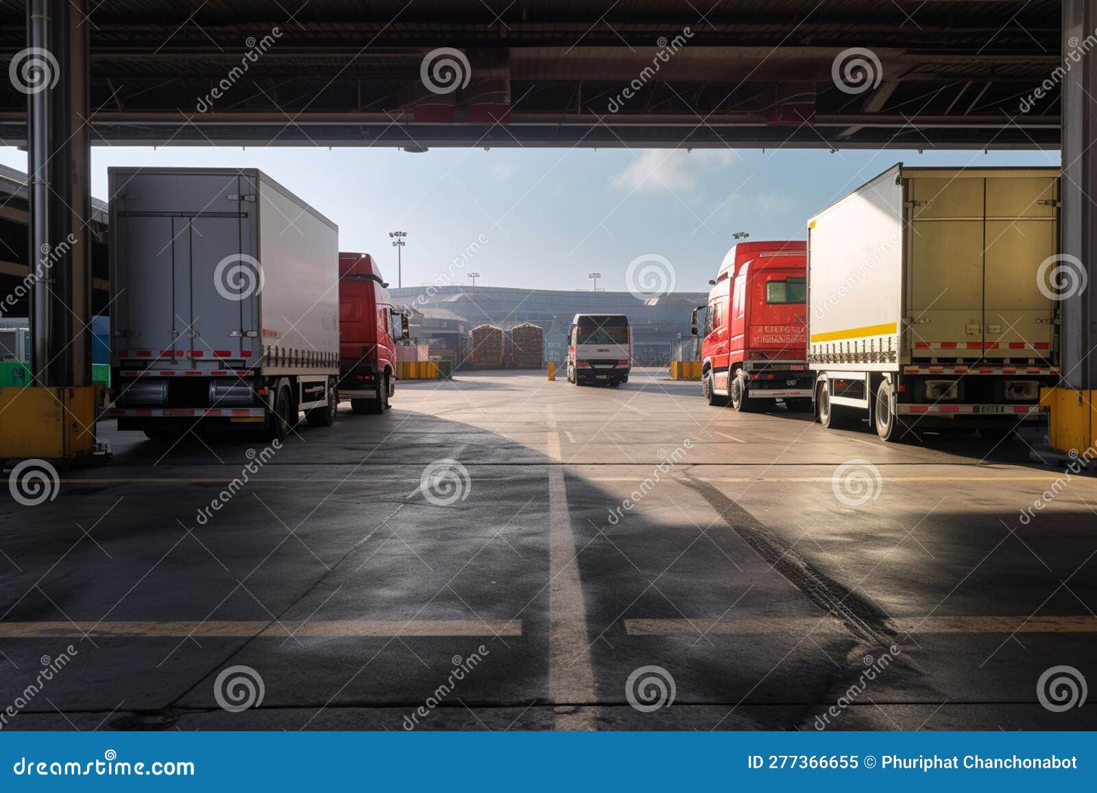 Loading Bay with Two Trucks Parked Outside in the Style of Modern with ...