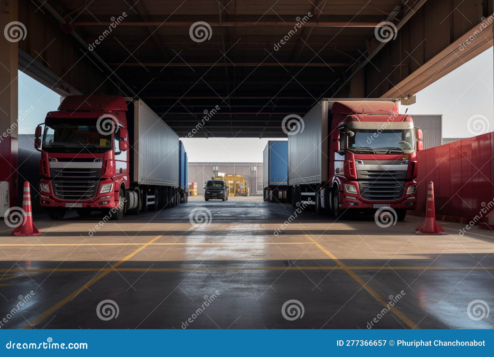 Loading Bay with Two Trucks Parked Outside in the Style of Modern with ...
