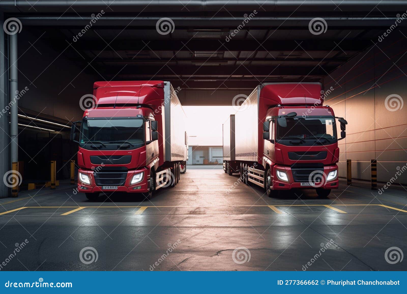 Loading Bay with Two Trucks Parked Outside in the Style of Modern with ...
