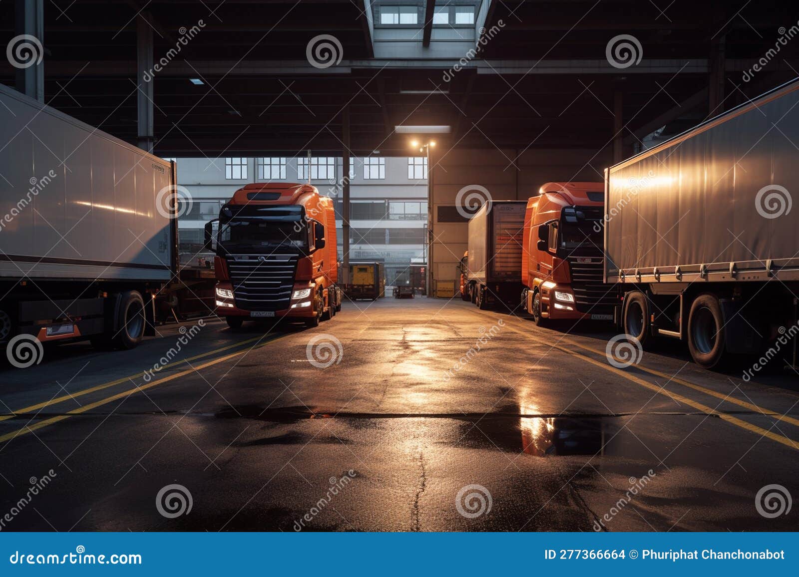 Loading Bay with Two Trucks Parked Outside in the Style of Modern with ...