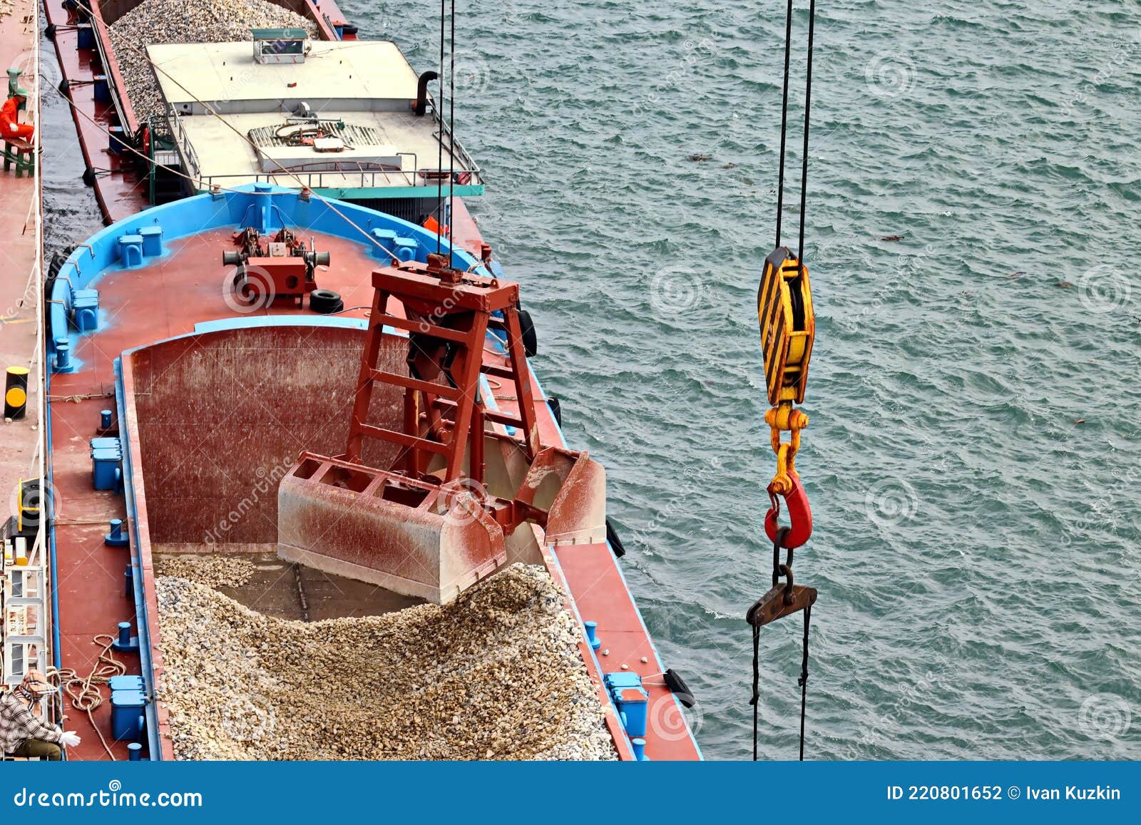 Loading Bulk Cargo Of Limestone From Barges Into A Bulk Carrier By ...